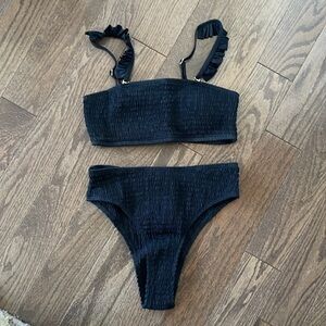 SHEIN | Swim | Smocked Frill Trim Bathing Suit Set In Black | Poshmark